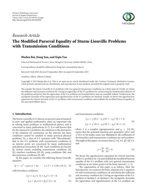 Pdf The Modified Parseval Equality Of Sturm Liouville Problems With Transmission Conditions