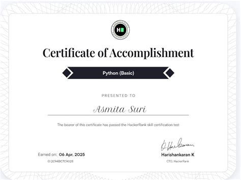 Python Hackerrank Certificate Programming Codingskills Asmita Suri