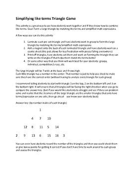 Algebra Simplify Like Terms Matching Game By Mrs Coverts Class TPT