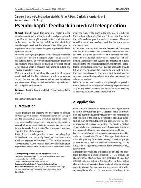 Pdf Pseudo Haptic Feedback In Medical Teleoperation