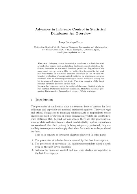 Pdf Advances In Inference Control In Statistical Databases An Overview
