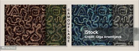 추상적인 물결 모양 소용돌이 빙글빙글 돌리기 페인트 붓 획 얼룩 흩뿌려진 페인트가 있는 이음매 없는 위장 패턴 세트 조밀한 무작위 구성 그런 지 질감 0명에 대한 스톡 벡터