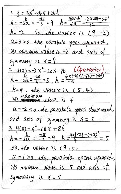 solved identify the vertex opening axis of symmetry and minimum maximum value of each