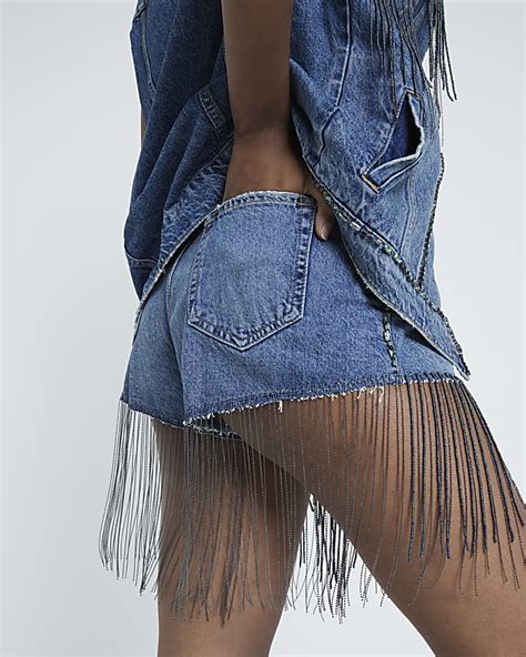 Blue Denim Fringed Shorts River Island