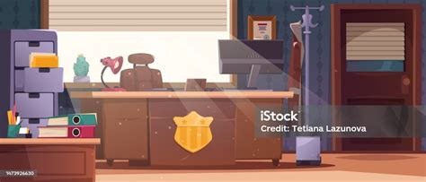 2302m10i022n015sc152179488621 탐정 사무실 인테리어 단서 증거 보드가 있는 수사관 캐비닛 룸 경찰서 역 검사관 작업장 플랫 스타일 벡터 그림 법적