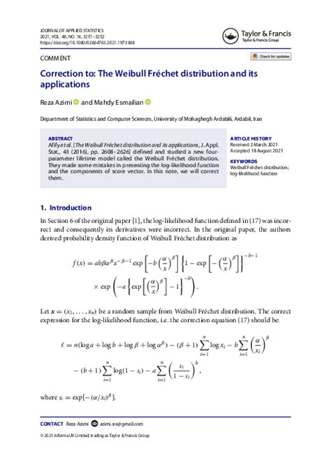 Pdf Correction To The Weibull Fréchet Distribution And Its Applications