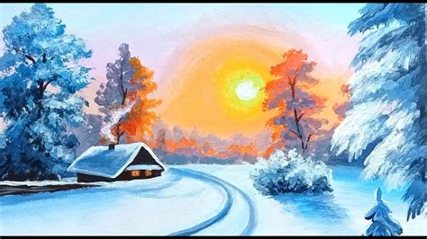 Как нарисовать домик в деревне зимой Рисуем картину зима Зимний пейзаж рисунок легкий Youtube