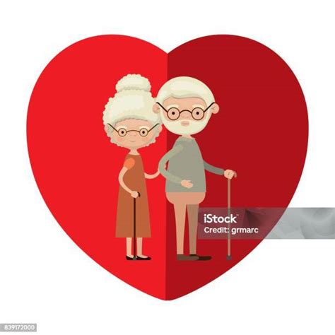 풍자 만화 전신 노인 부부 포옹된 수염된 할아버지 지팡이 할머니 곱슬 롤빵 머리와 화려한 심장 모양 인사말 카드 2명에 대한 스톡 벡터 아트 및 기타 이미지 Istock
