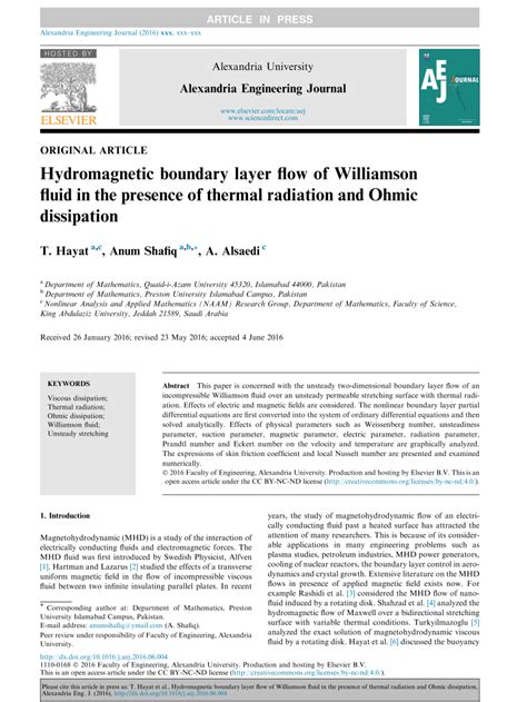 Pdf Hydromagnetic Boundary Layer Flow Of Williamson Fluid In The Presence Of Thermal Radiation