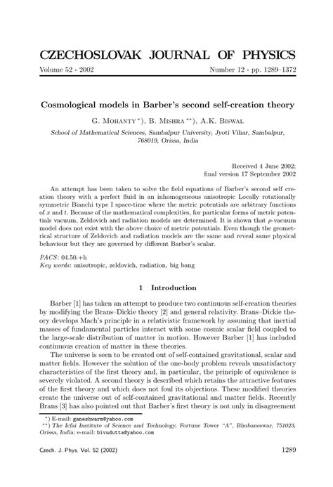 Pdf Cosmological Models In Barbers Second Self Creation Theory