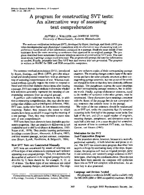 Pdf A Program For Constructing Svt Tests An Alternative Way Of Assessing Text Comprehension