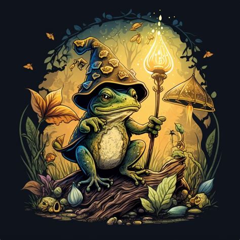 Premium Photo Illustration Of A Frog Dressed As A Wizard With A Broom And A Hat Generative Ai