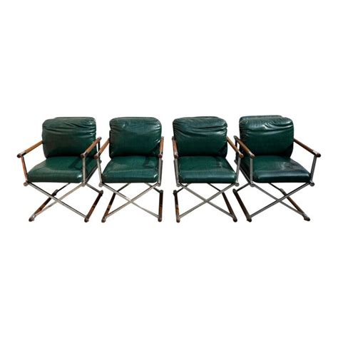 1970s Milo Baugman Style Chrome And Oak Directors Dining Chairs In Emerald Green Faux Leather