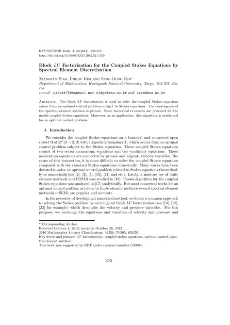 Pdf Block Lu Factorization For The Coupled Stokes Equations By Spectral Element Discretization