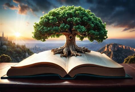 Tree Growing Out Of Open Book Generative Ai Stock Illustration