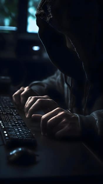 Hacker Using Computer At Night In Dark Room Cyber Security Concept Ai