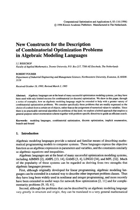pdf new constructs for the description of combinatorial optimization problems in algebraic