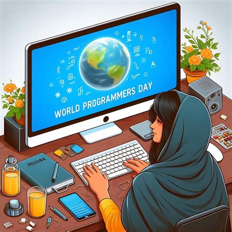 World Programmers Day A Woman Is Sitting At A Desk With A Computer And The Words World Day