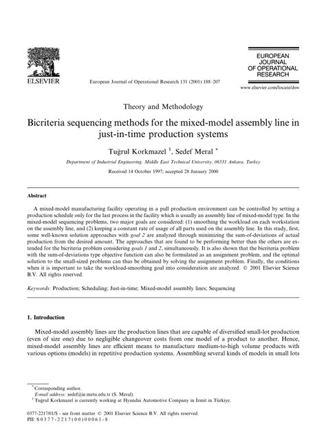 Pdf Bicriteria Sequencing Methods For The Mixed Model Assembly Line In Just In Time Production