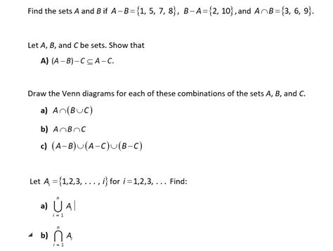 solved find the sets a and b if a b {1 5 7 8} b a {2