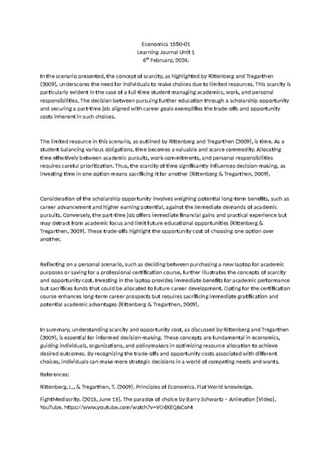 Economics Assignment 1 Economics 1580 Learning Journal Unit 1 6 Th February 2024 In The