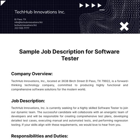 Free Sample Job Description For Software Tester Template To Edit Online