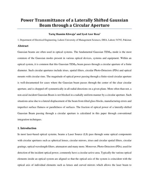 Pdf Power Transmittance Of A Laterally Shifted Gaussian Beam Through