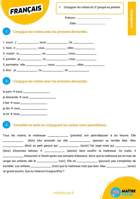 Exercices verbes du 3ème groupe au présent Maître Lucas