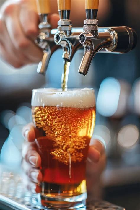 Close Up Of Bartender S Hands Expertly Pouring Beer From Tap For