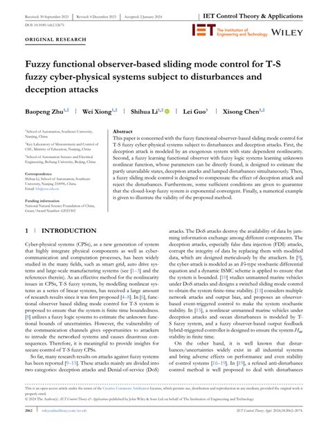 Pdf Fuzzy Functional Observer‐based Sliding Mode Control For T‐s Fuzzy Cyber‐physical Systems