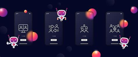 작업 통신 설정 아이콘 온라인 회의 컴퓨터 계층 부하 팀워크 정보 교환 화살표 기어 책임 분배 Ui 전화 앱 화면 Glassmorphism 프리미엄 벡터