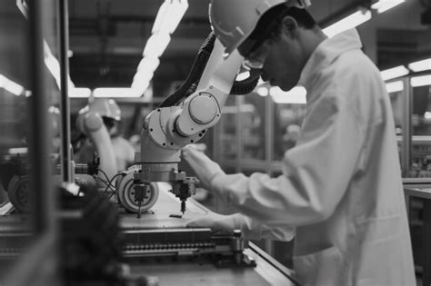 Engineering Experts Overseeing Robot Tasks In Textile Fabric Inspection Foto Premium