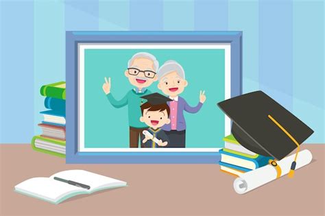 사진 프레임에 졸업 아이 소년과 조부모 프리미엄 벡터