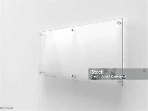 빈 넓은 투명 유리 사무실 회사 사이니지 플레이트 모의 업 템플릿 브랜딩을위한 명확한 인쇄 보드 로고 투명 아크릴 광고 간판 비율 1 2 모형 측 보기 3d 렌더링 전경에