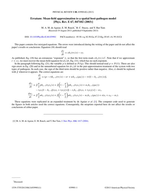 Pdf Erratum Mean Field Approximation To A Spatial Host Pathogen Model [phys Rev E 67