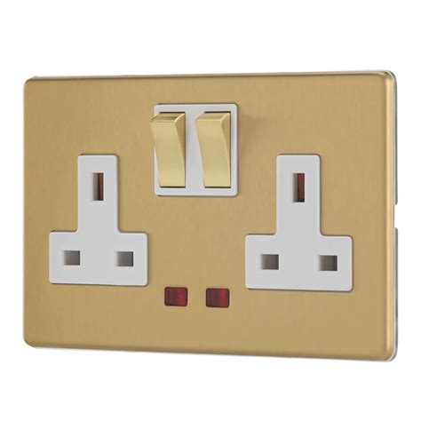 Contactum Lyric 13A 2 Gang DP Switched Socket Outlet Brushed Brass With Neon With White Inserts