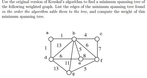 Solved Use The Original Version Of Kruskal S Algorithm To Find A Minimum Spanning Tree Of The