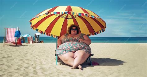 Een Dikke Vrouw Geniet Van Haar Vakantie Terwijl Ze Ontspannen Op Het