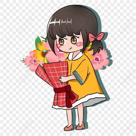 꽃다발을 들고 만화 어린 소녀 Png 일러스트 무료 다운로드 Lovepik