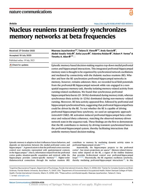 Pdf Nucleus Reuniens Transiently Synchronizes Memory Networks At Beta Frequencies