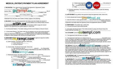 Medical Patient Payment Plan Agreement Word Example Fully Editable Gotempl Templates With