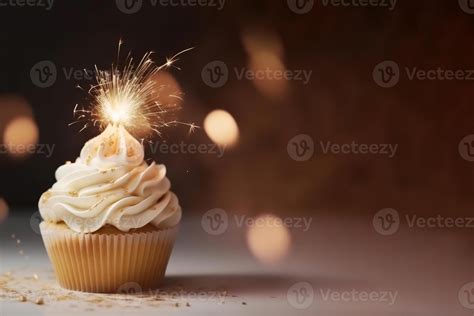 Elegant Cupcake With Glitter Sparkler And Copy Space Happy Birthday