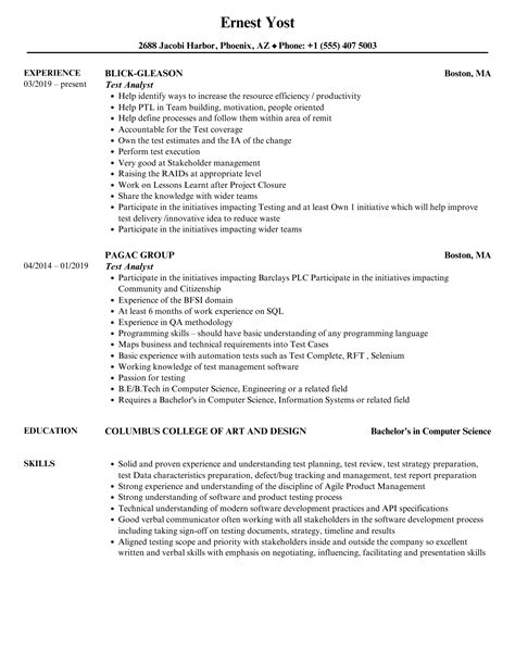 Test Analyst Resume Samples Velvet Jobs