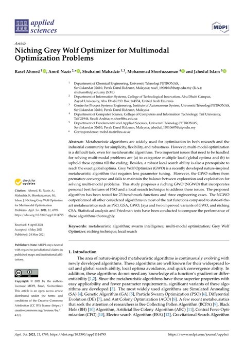 Pdf Niching Grey Wolf Optimizer For Multimodal Optimization Problems