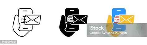 메신저 아이콘 세트입니다 메시지 스마트 폰 텍스트 이메일 봉투 첨부 문서 목록 인터넷 서신 발신자 정보 통신 개념입니다 다른 스타일의 벡터 선 아이콘 개념에 대한 스톡 벡터