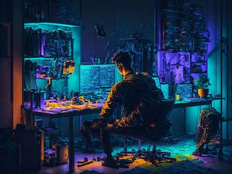 Premium Ai Image Student Doing Coding On His Computer Setup With