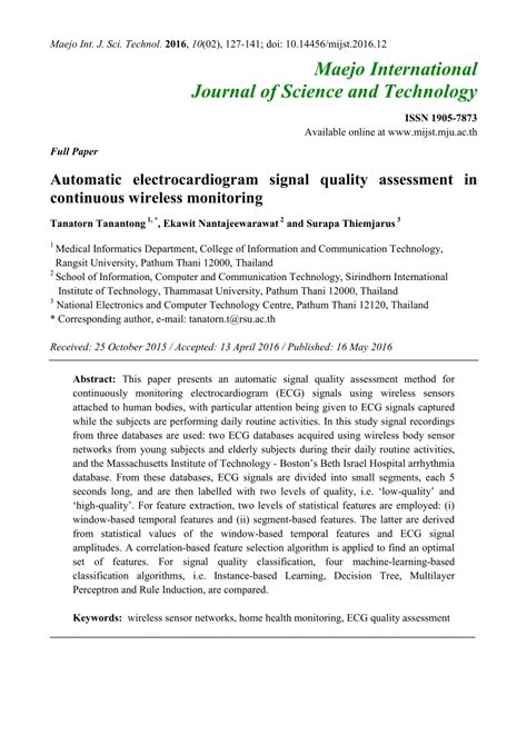 Pdf Automatic Electrocardiogram Signal Quality Assessment In Continuous Wireless Monitoring