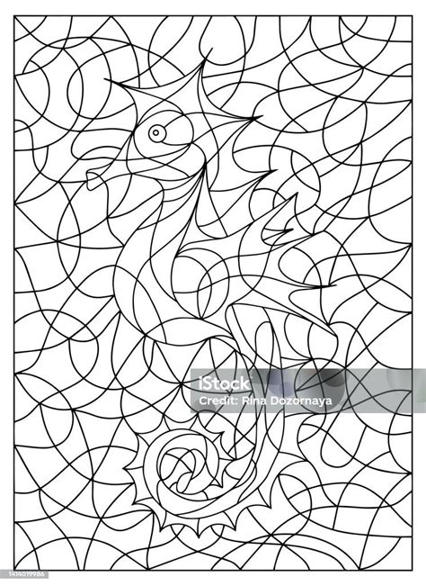 추상적 인 해마와 스테인드 글라스 스타일의 흑백 일러스트레이션 색칠 공부 책 및 색칠 공부 페이지에 대한 이미지입니다 0명에 대한 스톡 벡터 아트 및 기타 이미지 Istock