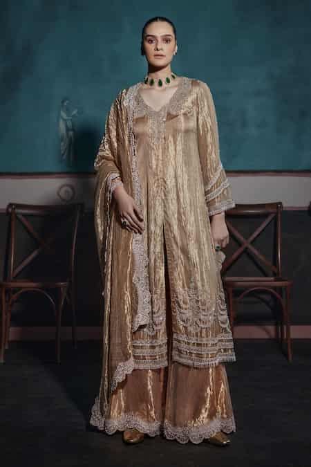 Buy Gold Silk Tissue Cut Work Embroidery Pearls Kurta Sharara Set