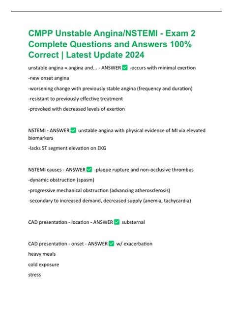 CMPP Unstable Angina NSTEMI Exam Complete Questions And Answers Correct Latest Update